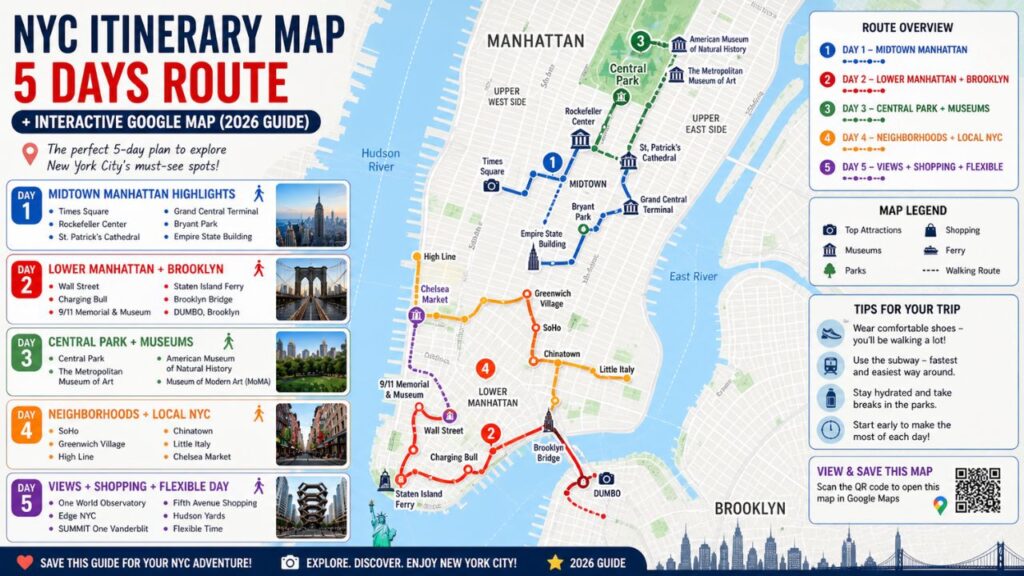 NYC Itinerary Map – 5 Days Route + Interactive Google Map (2026 Guide ...